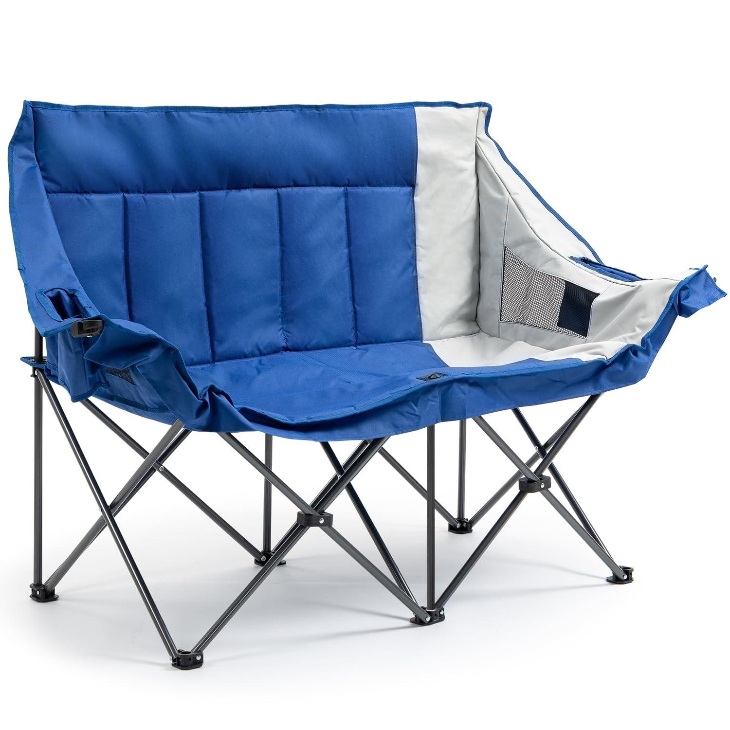 SHAY CABINETRY INC. Double Camping Chair Portable Folding Outdoor Loveseat With Side Pockets Lawn Chair Camping Couch Padded Seats Armrests Supports Up To 440Lbs Blue Wayfair